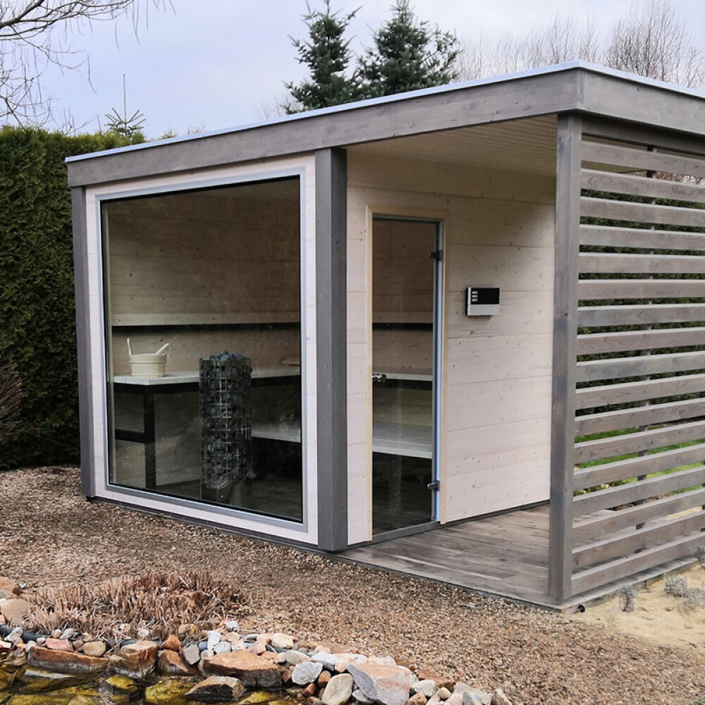 Detached private Finnish sauna with a pergola and storm porch ...